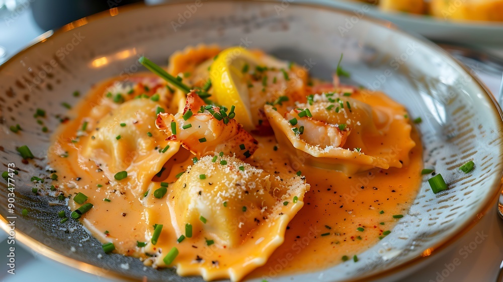 Elegant Lobster Ravioli in Rich Lobster Bisque Sauce with Tender Pasta ...