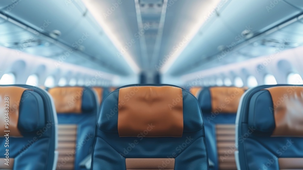 Photograph depicting the interior of an airplane cabin focusing on the ...