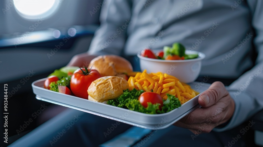 Passenger Enjoying Meal Service Tray with Variety of Food Items During ...