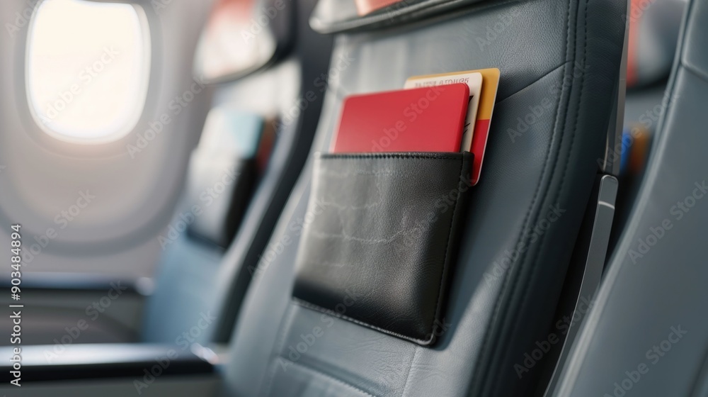 Close up view of an airplane seatback pocket filled with contents such ...