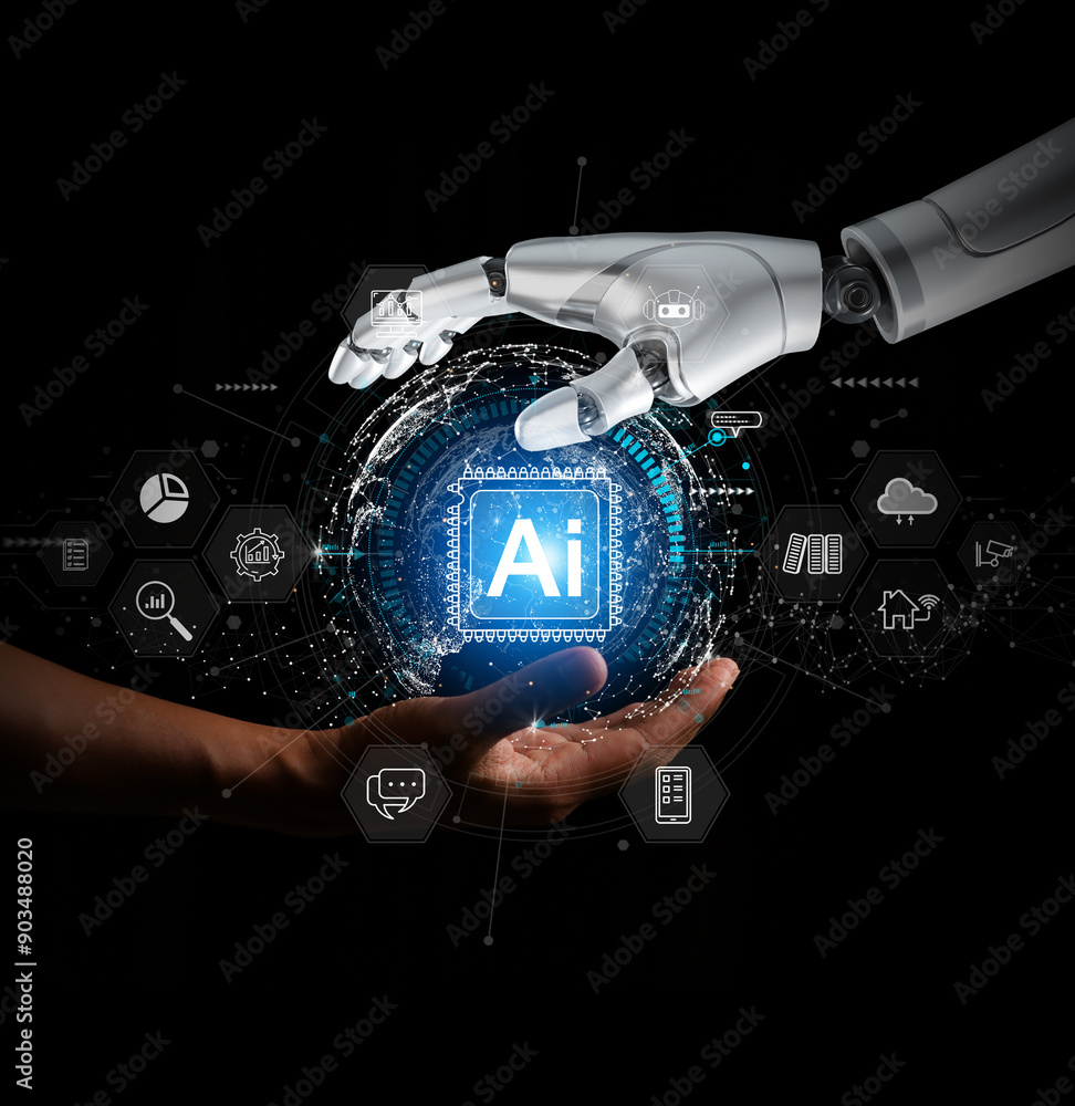 Chat with AI or Artificial Intelligence. Young businessman chatting ...
