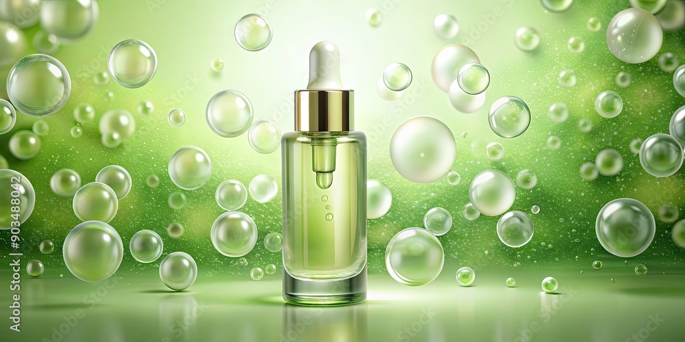 Oil bubbles collagen skin serum on green pastel background for skin ...