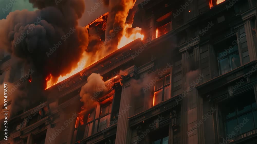 A large building on fire, engulfed in thick smoke, with roaring flames ...