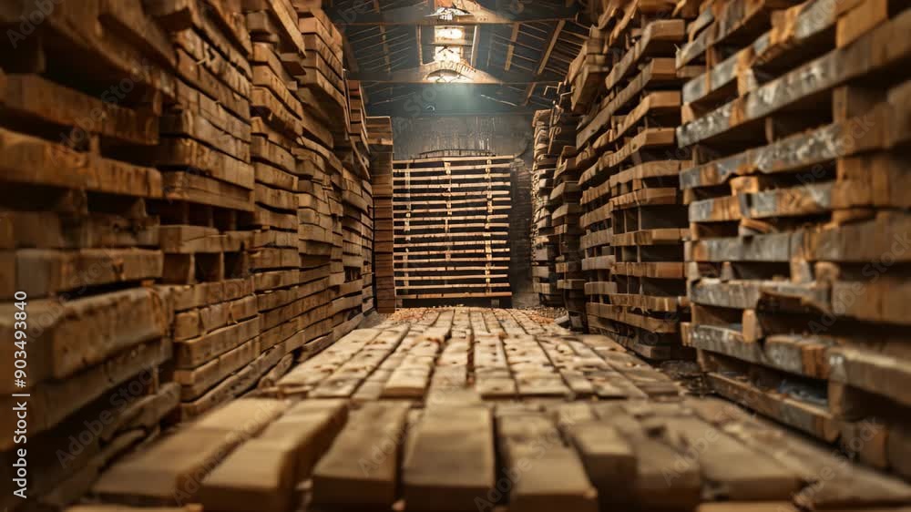 Numerous wooden pallets stacked in rows inside a warehouse, Rows of ...