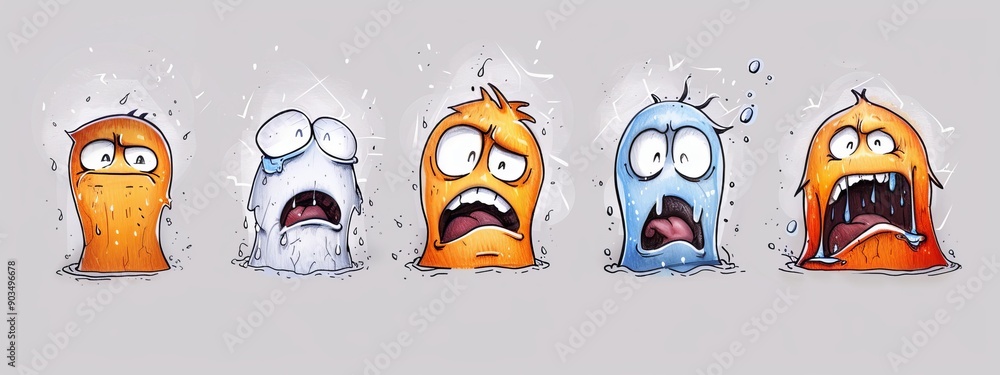 Four cartoon characters, all with open mouths and wide-open eyes, are ...