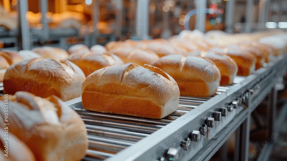 Bread Production Process In A Factory With Bread On A Conveyor Belt