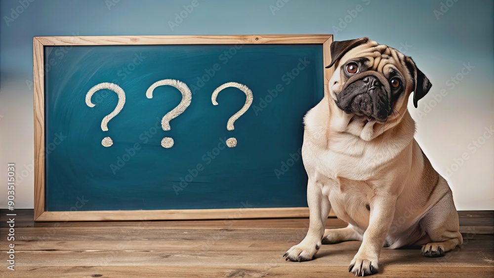 Pug dog sitting with question marks on blackboard, Pug, dog, pet, cute ...
