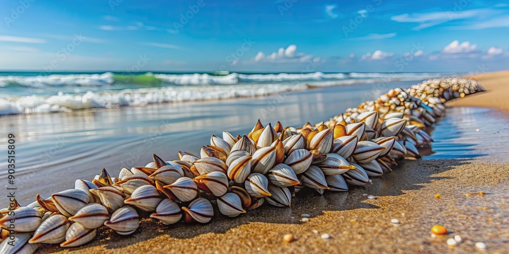 Pelagic gooseneck barnacles washed up on a sandy beach , marine life ...