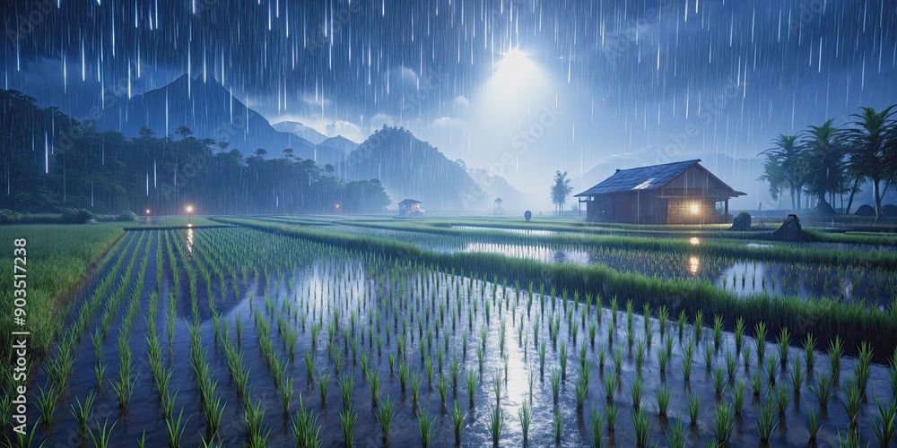 Heavy rain in the ricefield at night, rendered in Unreal Engine in 8k ...