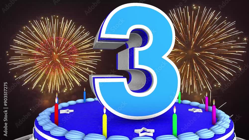 3 years, 3rd birthday kids, children cake animation 3d render with ...