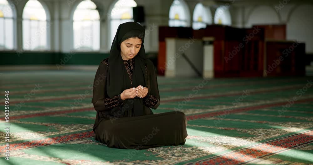 Muslim woman, praying and mosque with dua for forgiveness or faith in ...