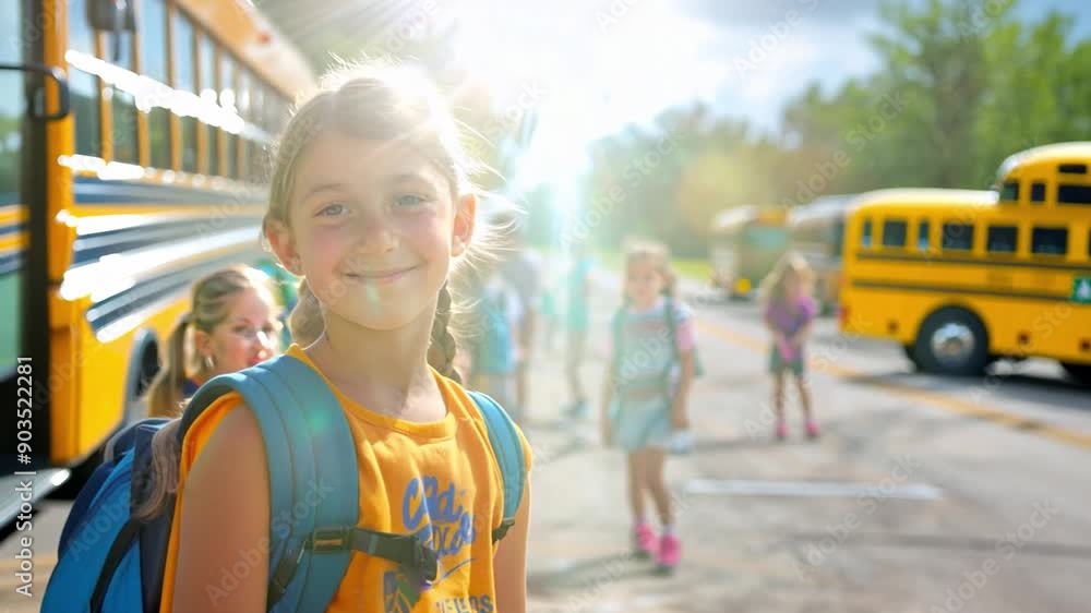 Happy children boarding a classic yellow school bus with big smiles on ...