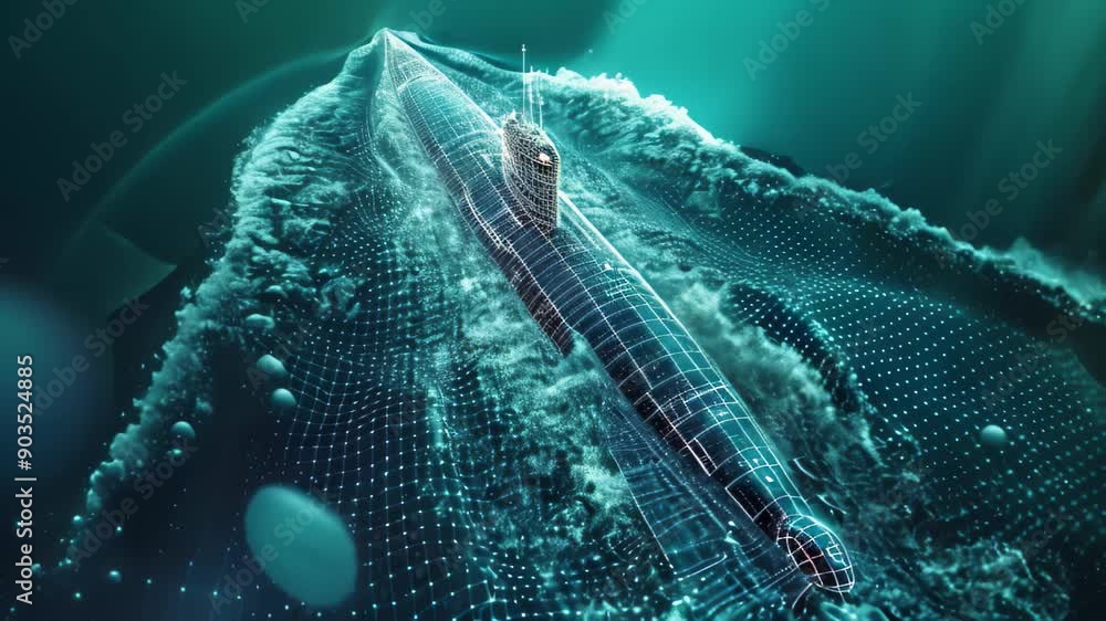Computer generated video showing a submarine exploring the underwater ...