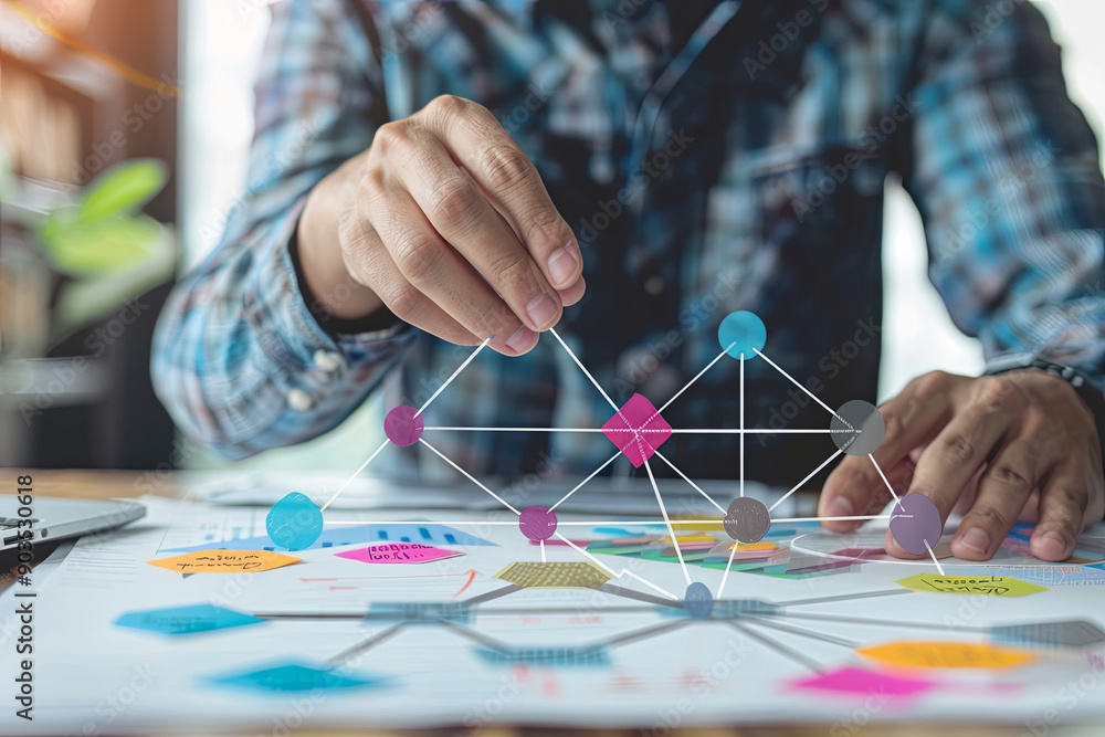 Organization hierarchy concept. Businessman managing complex mindmap ...