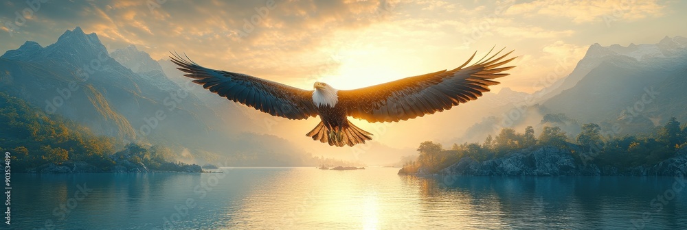 3D Render of Eagle Soaring Over Ocean with Outstretched Wings - Highly ...