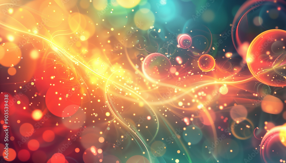 Vibrant abstract digital art with swirling patterns and glowing orbs in warm and cool tones ...