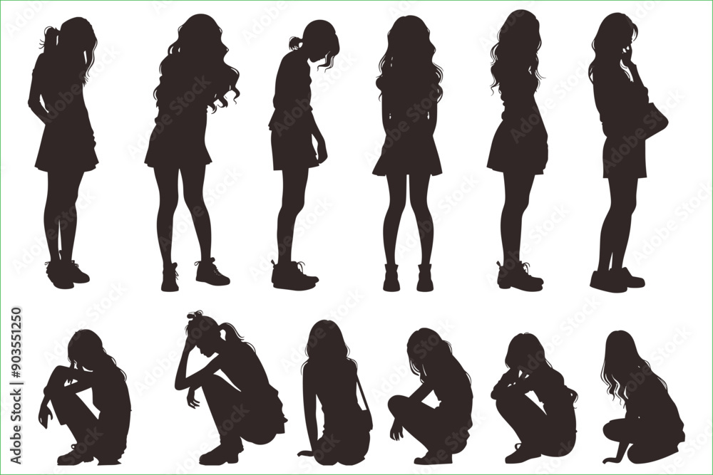 Set of Girls in Depression and sitting alone silhouettes on white ...