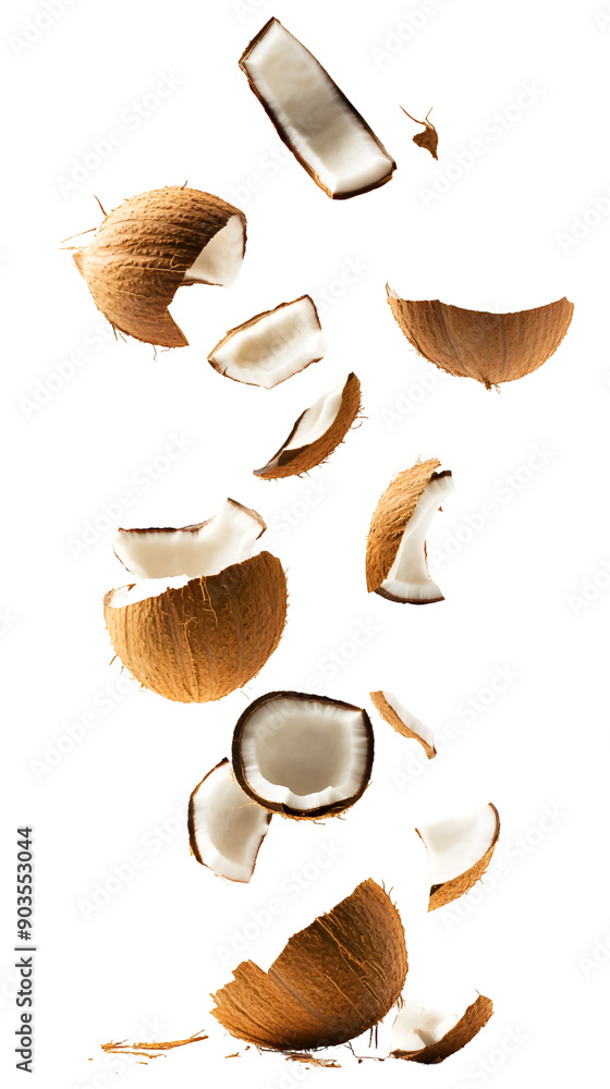 Falling Coconut shells isolated on white background, full depth of ...