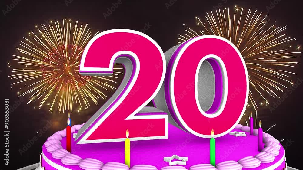 20 years, 20th birthday kids, children cake animation 3d render with ...