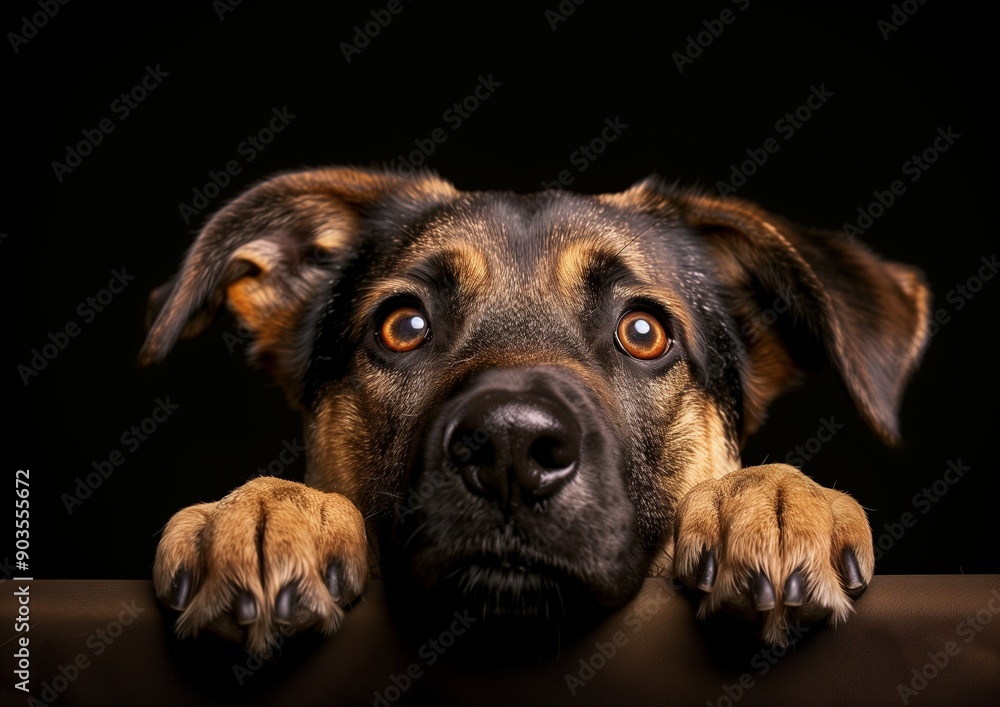 Cute German Shepherd Puppy Staring with Sad Eyes Against Black ...
