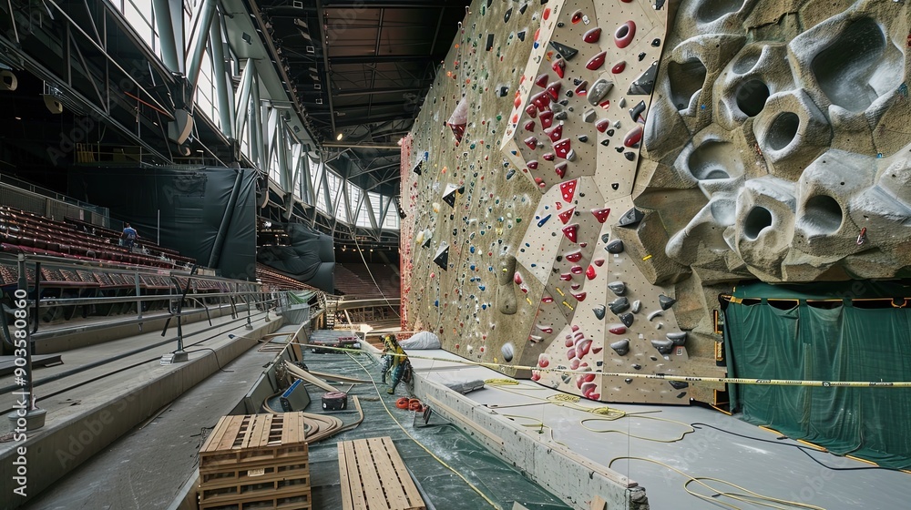 Large climbing wall setup in an empty stadium. Outdoor rock climbing ...