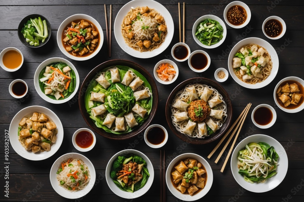 Chinese food on dark wooden table. Noodles, fried rice, dumplings, stir ...