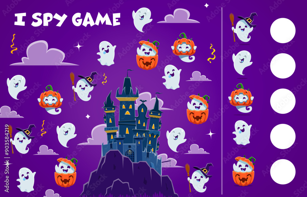 Halloween i spy game with cartoon cute kawaii ghost characters, vector ...
