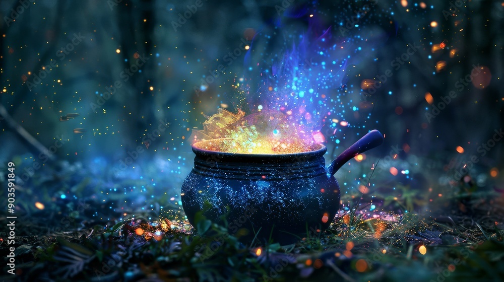 A cauldron bubbling with magical, colorful potion, surrounded by ...