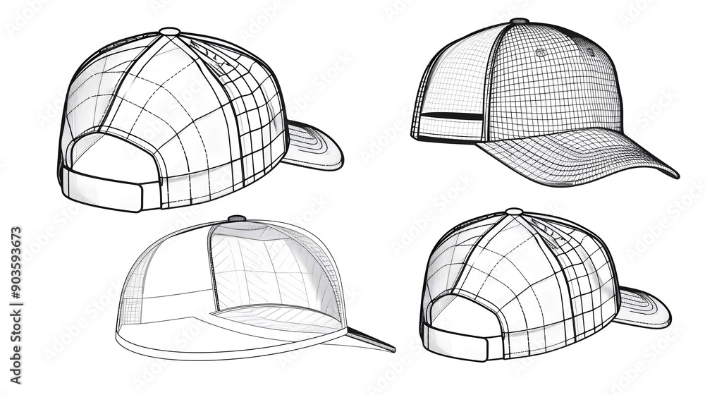 Technical drawing illustration of a trucker hat snapback. Blank ...