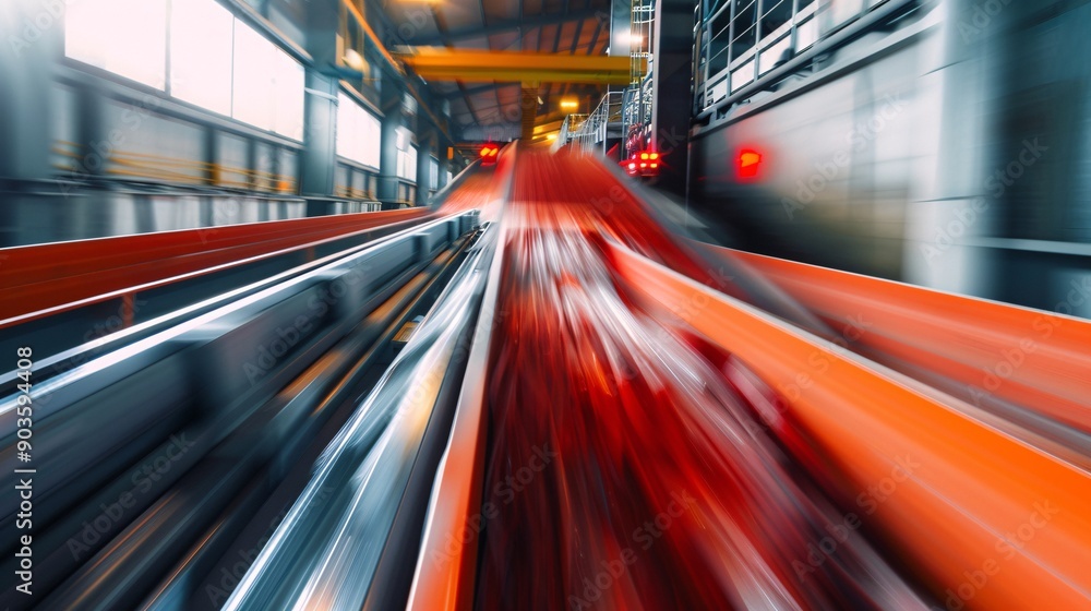 A moving belt carrying RDF with motion blur in a recycling plant ...