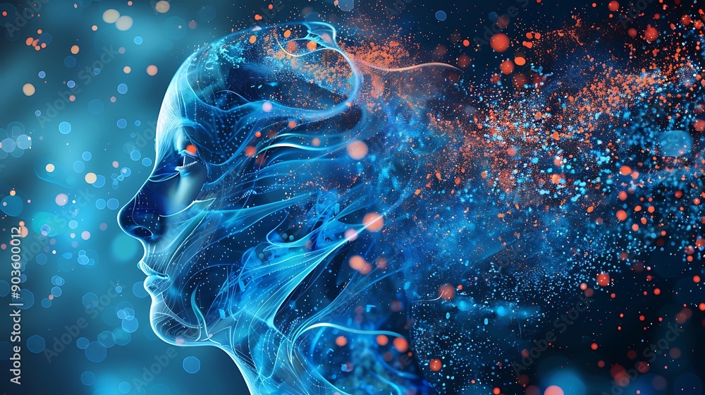 abstract background . A portrait of a woman's face with a digital code ...