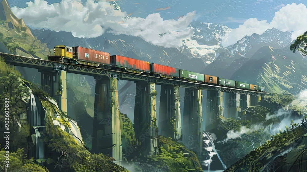 Cargo train crossing a high bridge in a mountainous landscape. Freight ...