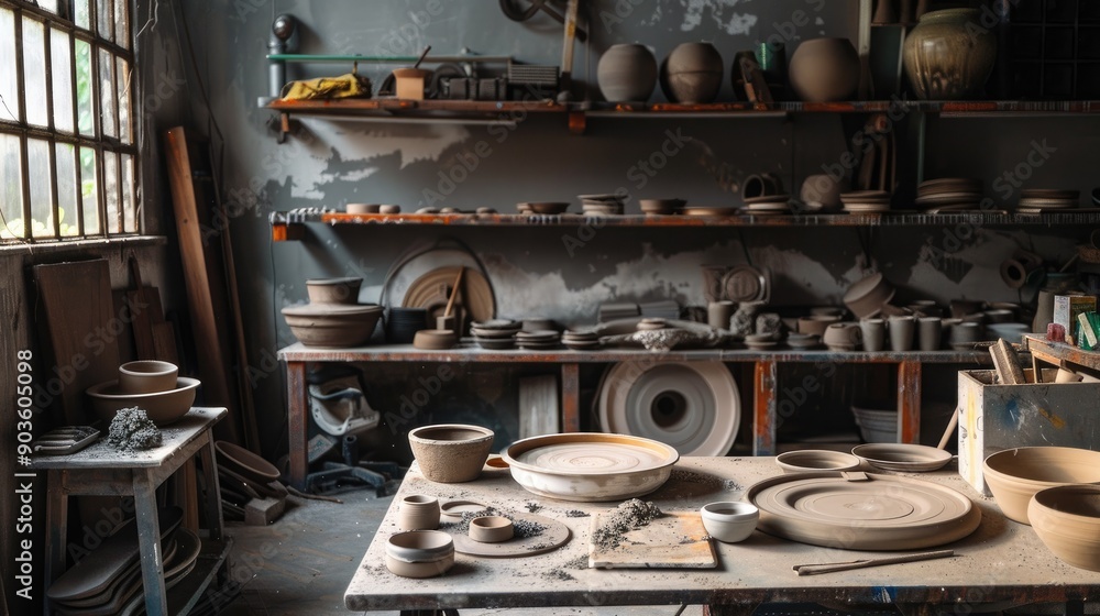 An organized pottery workshop with clay and wheels, Pottery tools and ...