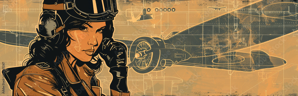A vintage-inspired illustration depicting a confident female pilot in ...