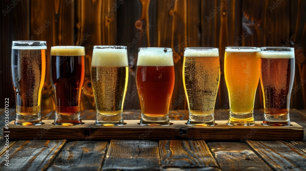 Beer Flight: A flight of various draft beers in glasses arranged on a ...