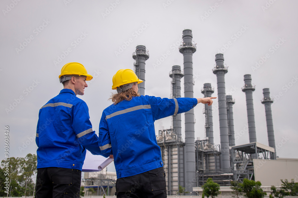 Engineers wearing safety gear, including hard hats examining survey a ...