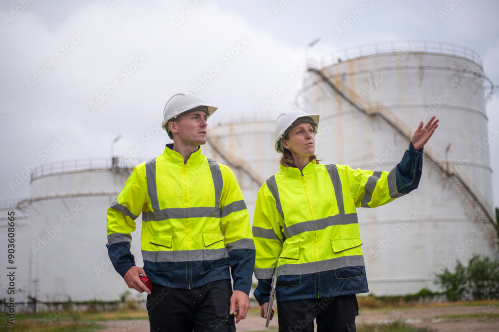 Engineers wearing safety gear, including hard hats examining survey a ...