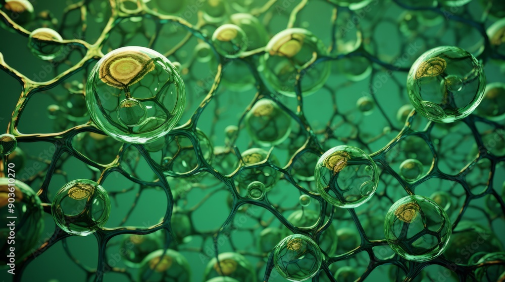 Close-up of vibrant green plant cells under microscope, detailed cellular structure with ...