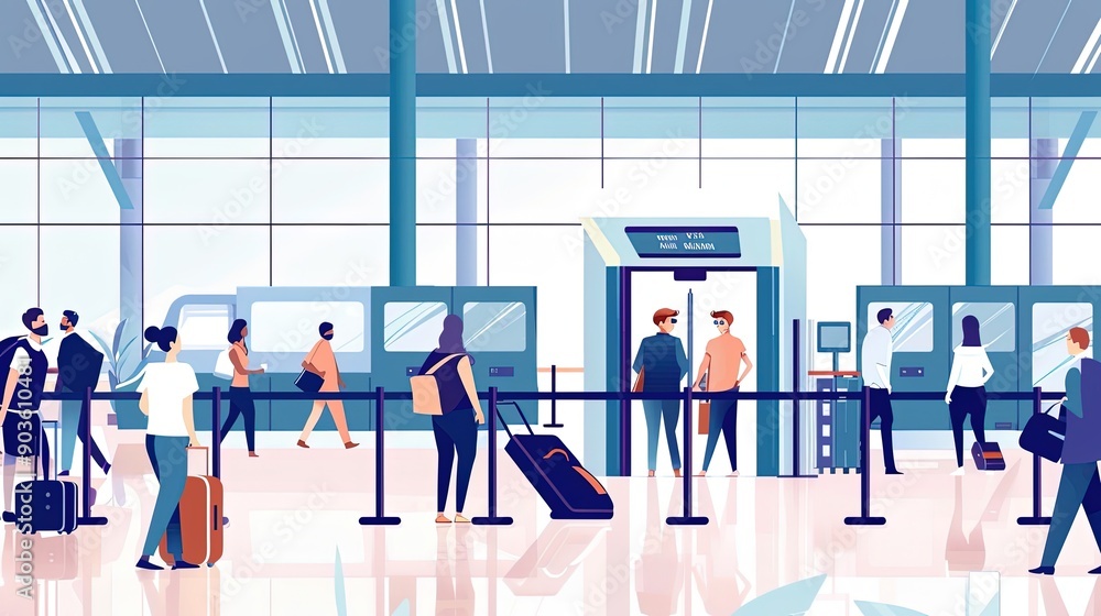 Illustrated airport security checkpoint with passengers waiting in line ...