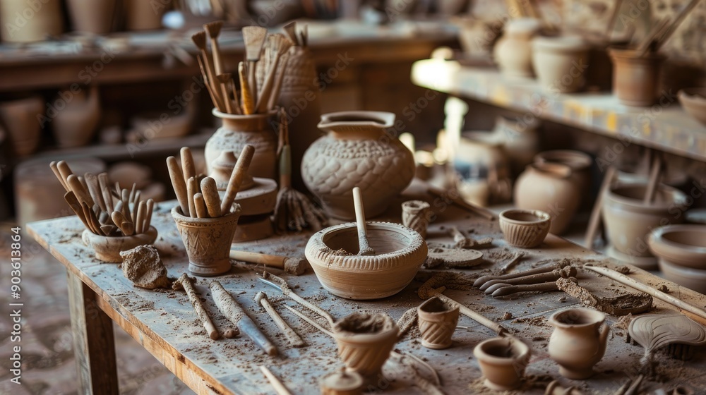 Exquisitely arranged pottery tools on a rustic workbench, clay and ...