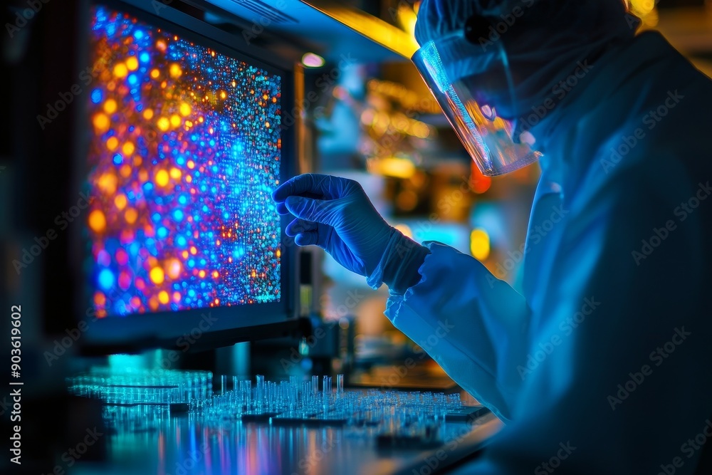 Close-up of a scientist's hand finely adjusting a mirror in a high-tech ...