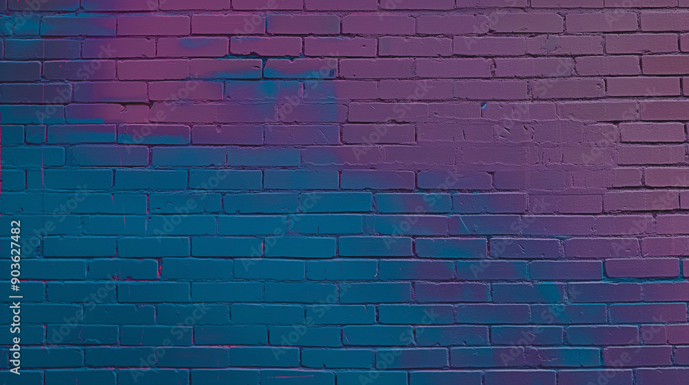 A brick wall with a gradient of colors ranging from deep purple at the ...