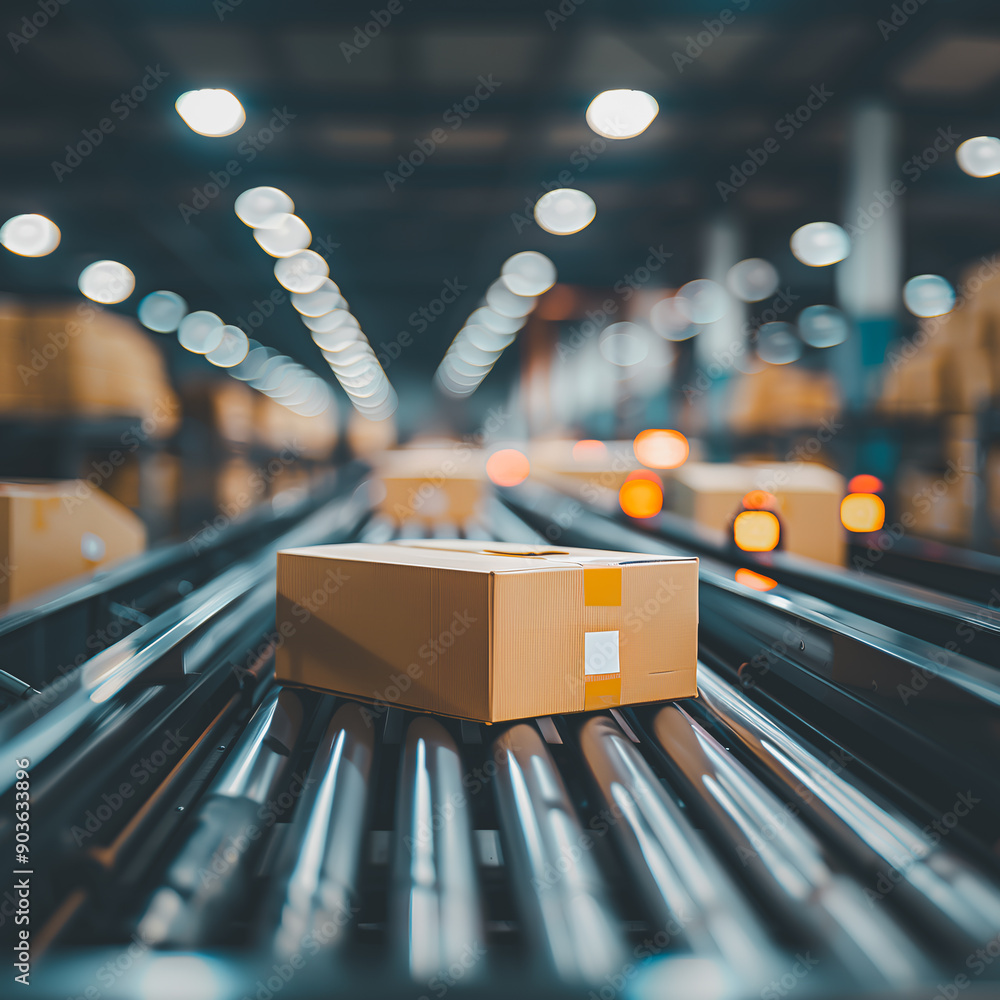 Conveyor belts moving packages at a sorting facility, illustrating the ...