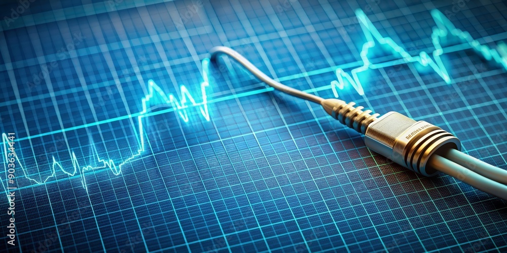 AI circuit and data cable with ECG background for heart rhythm analysis ...