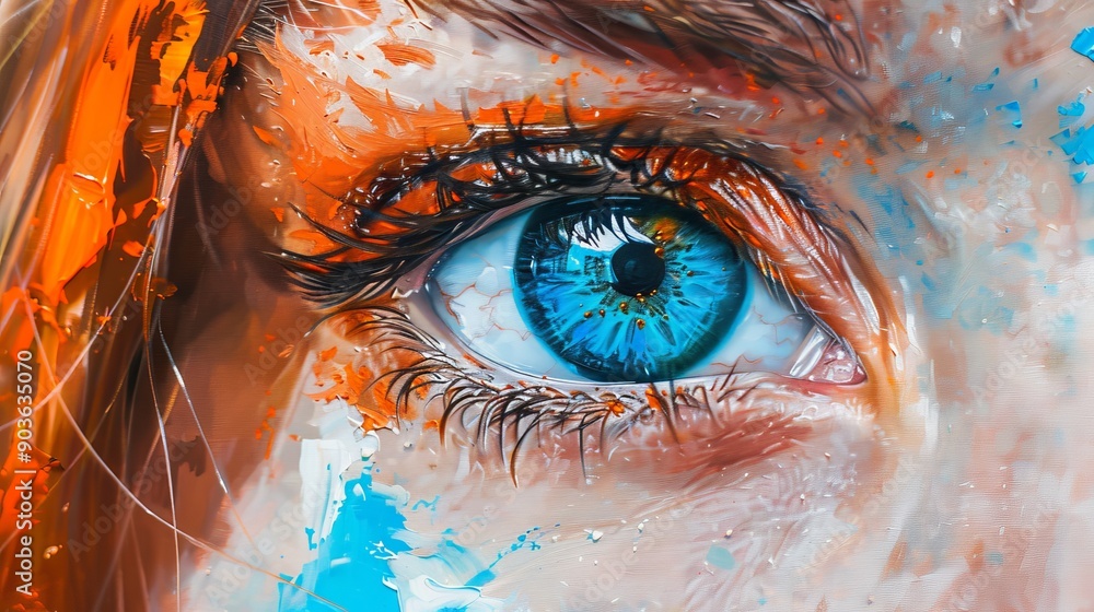 An abstract painting featuring a beautiful woman hiding behind an oil ...