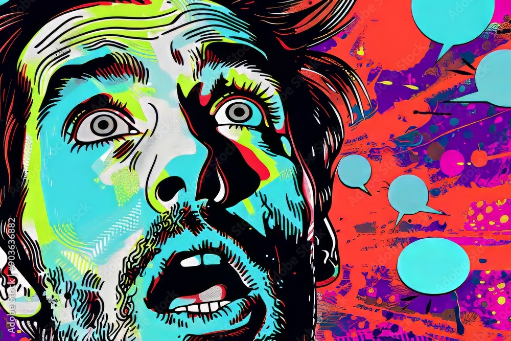 Comic bubble face of an expressive man in hyper-expressive cartoon ...