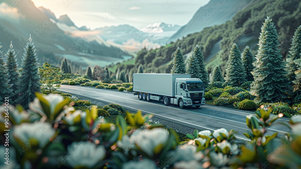 ภาพประกอบสต็อก Eco-friendly delivery background with a white truck on a ...