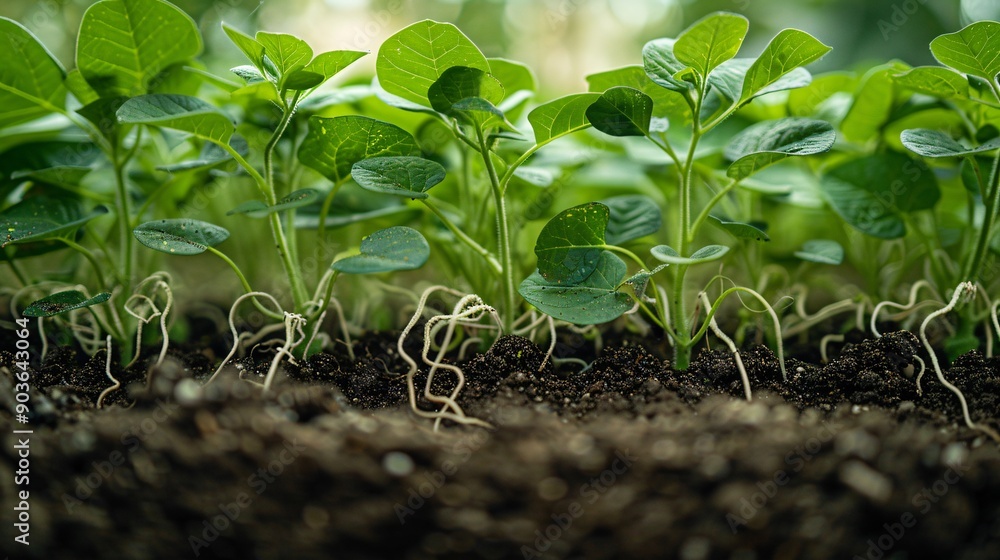 Healthy roots of green soybean plants embedded in soil, highlighting ...