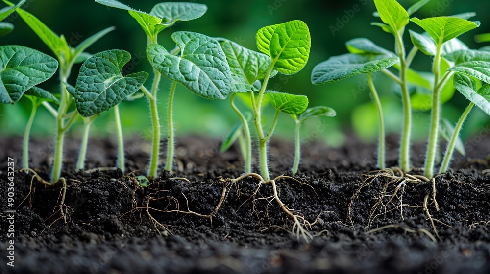 Healthy roots of green soybean plants embedded in soil, highlighting ...