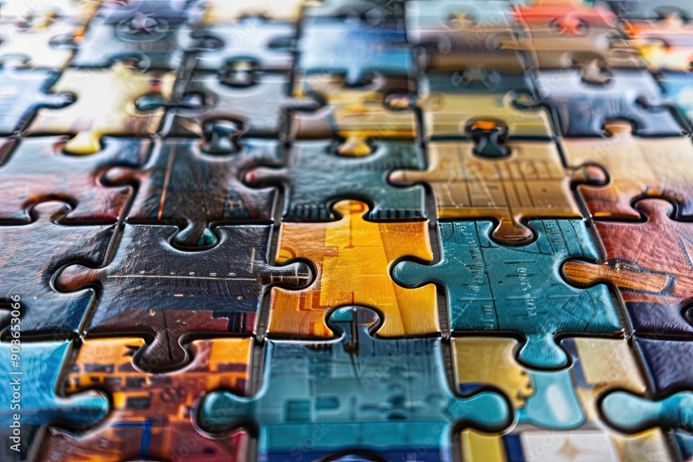 ภาพประกอบสต็อก A puzzle, with pieces representing resources, is ...